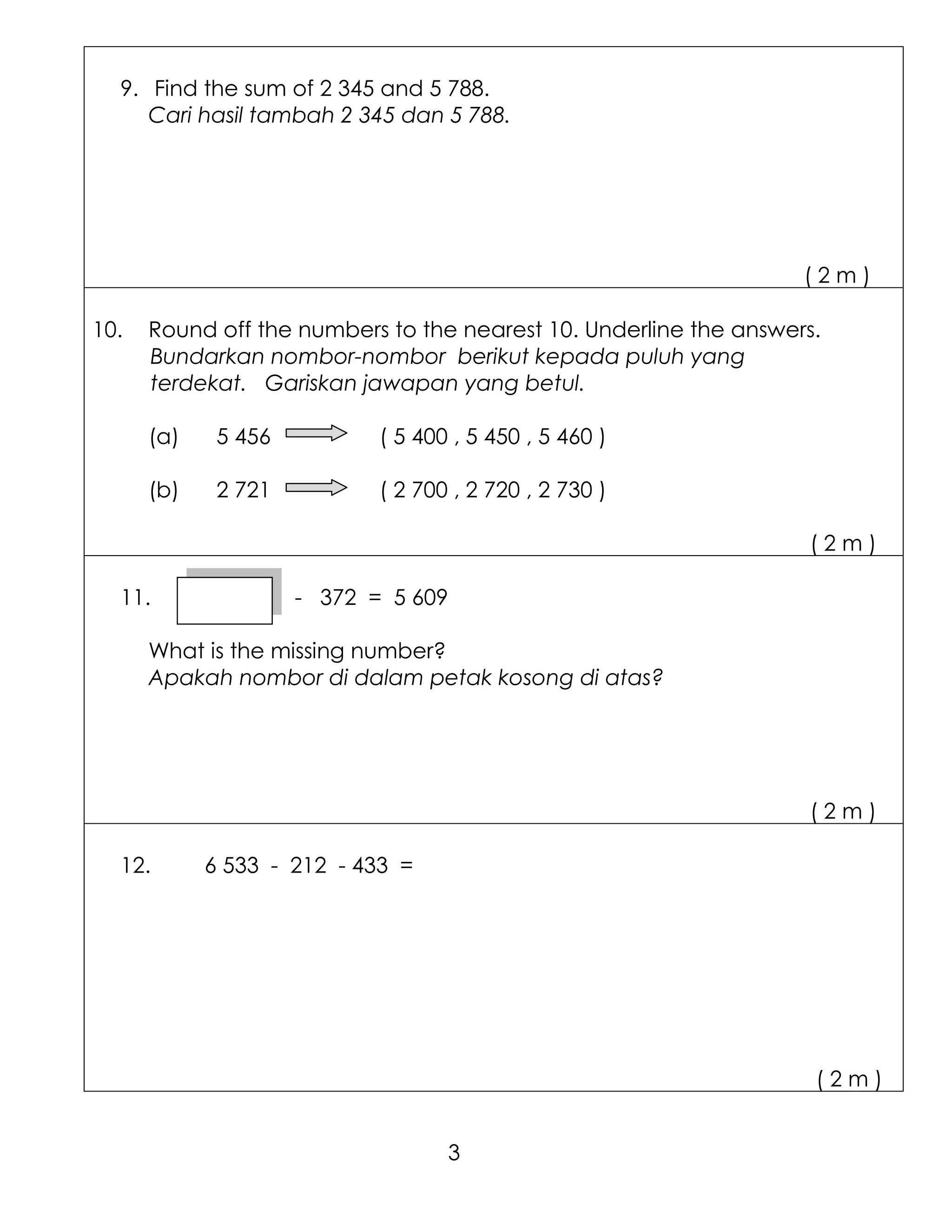 Ujian Matematik Tahun 3 Kertas 2 | DOCX