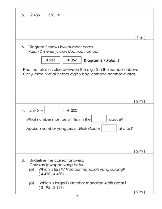 Ujian Matematik Tahun 3 Kertas 2 | DOCX
