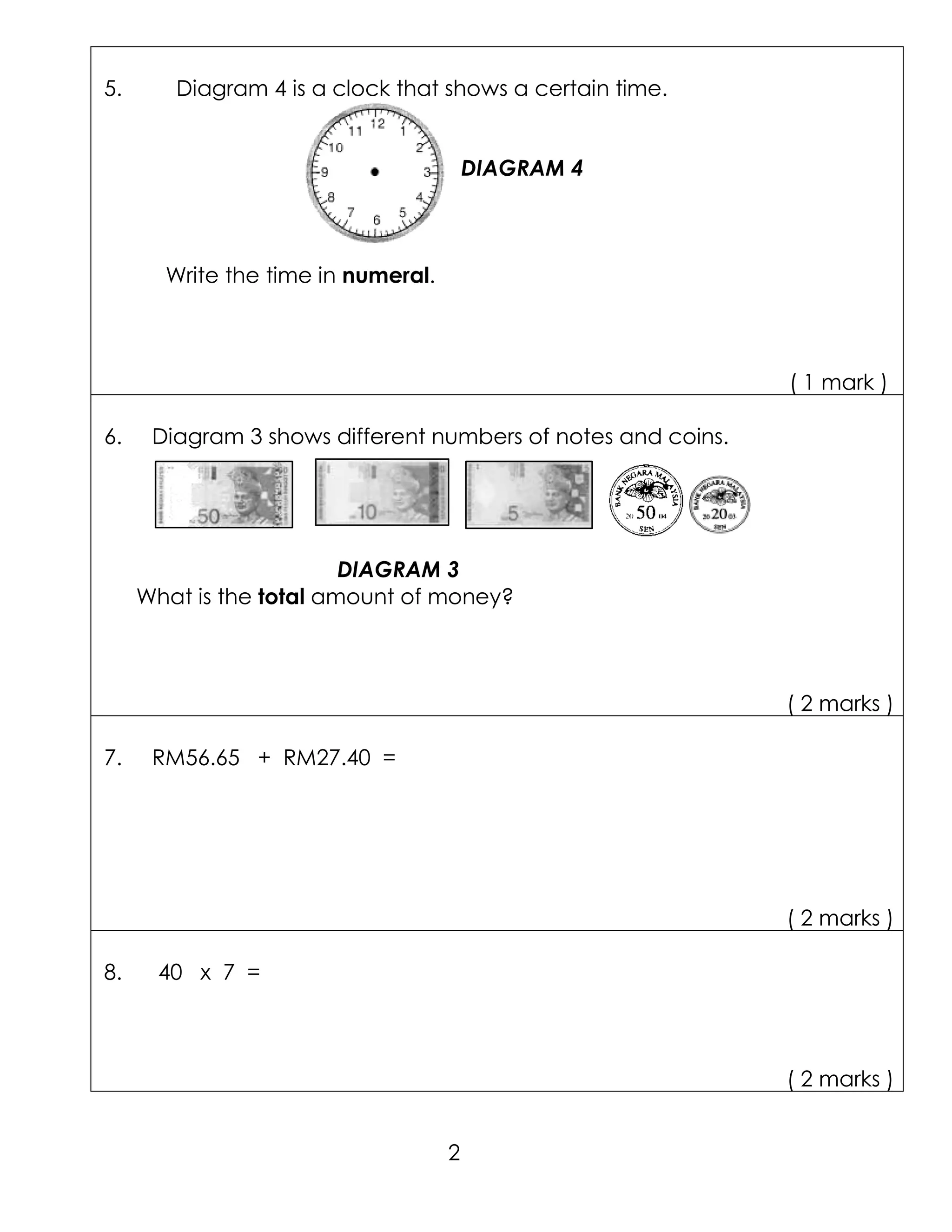 Ujian Matematik Tahun 3 Kertas 2 | DOCX