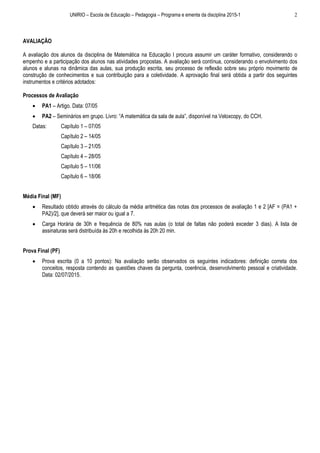 Matemática na Educação I - 2015-1 - Programa e ementa da disciplina | PDF