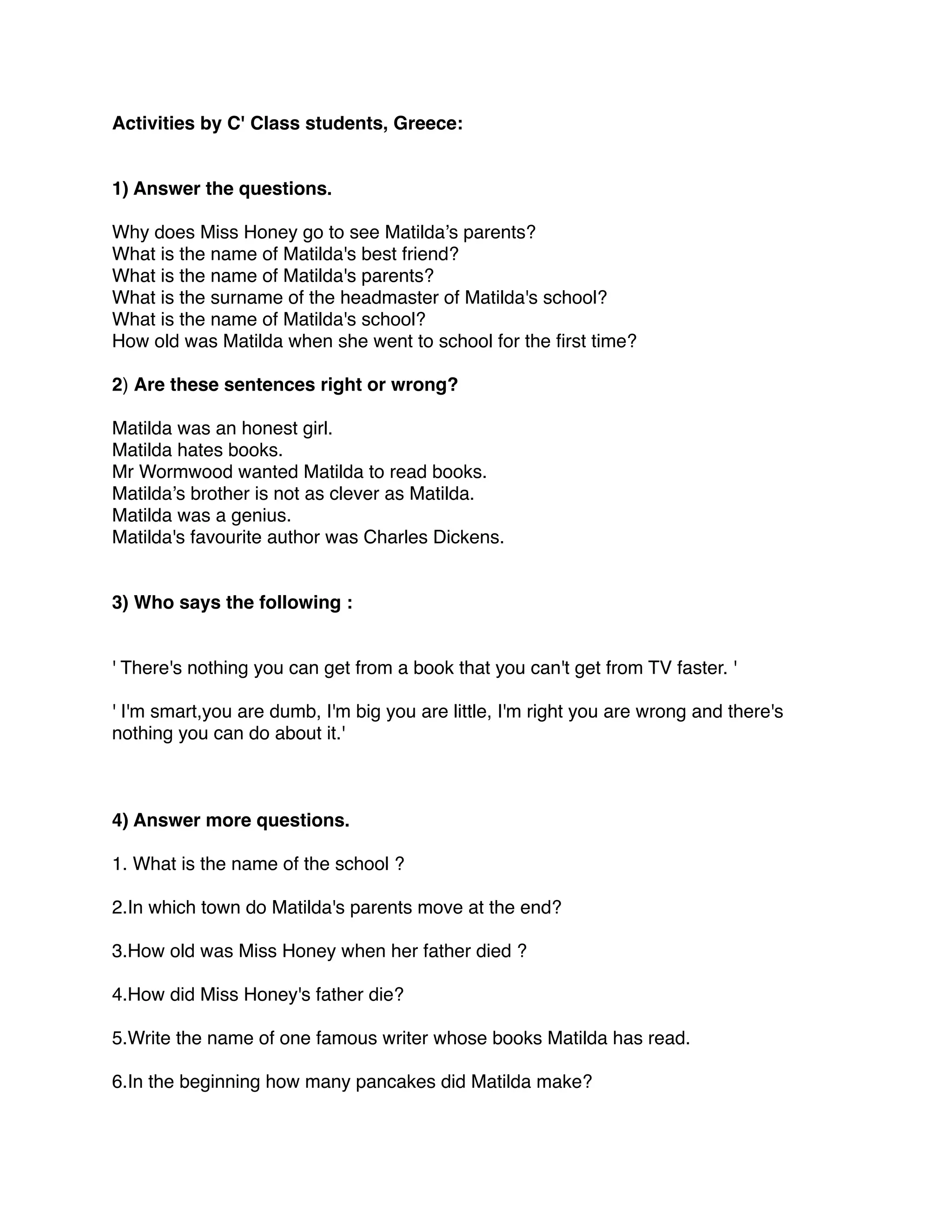 Matilda: Post-reading activities | PDF