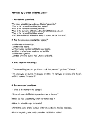 Matilda: Post-reading activities | PDF