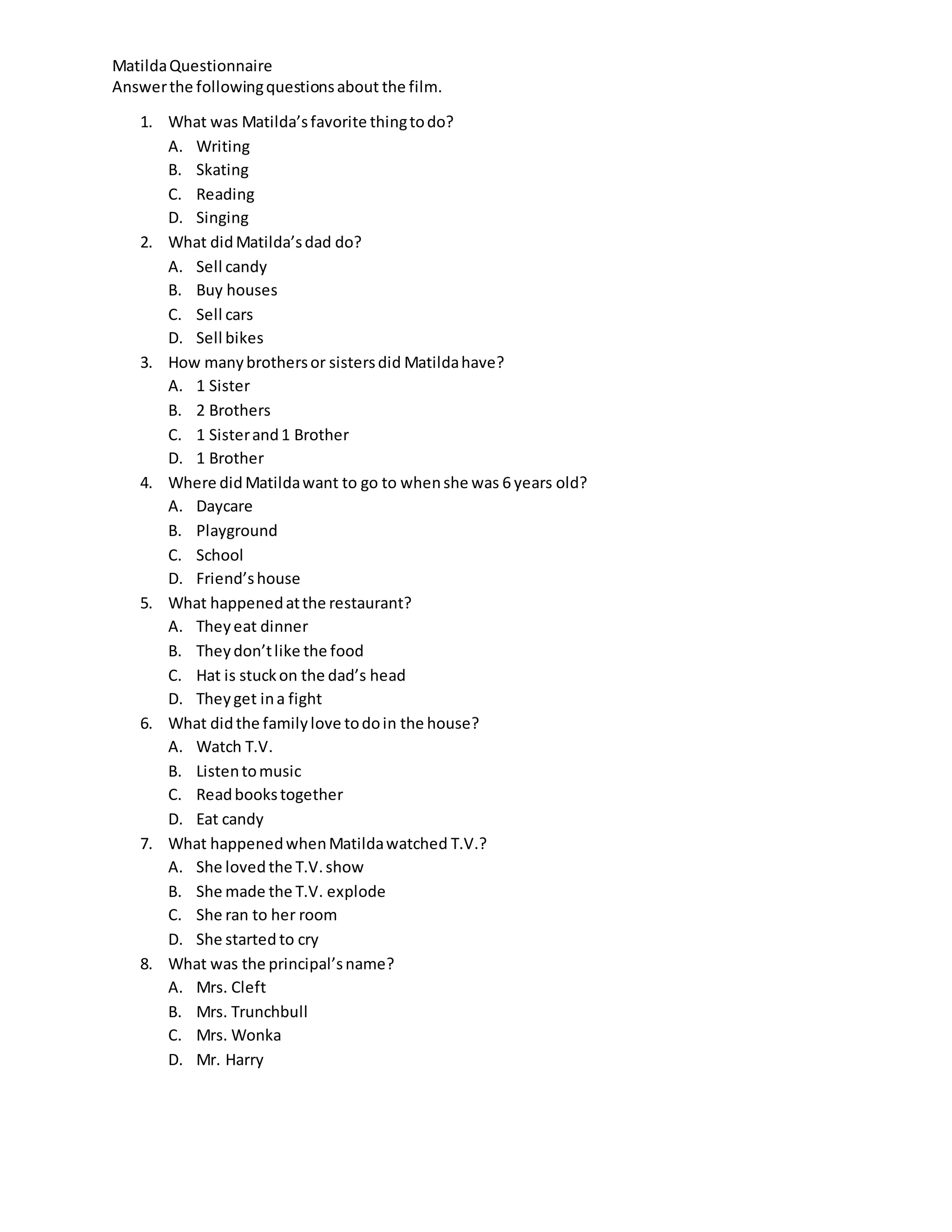 Matilda Worksheet | DOCX