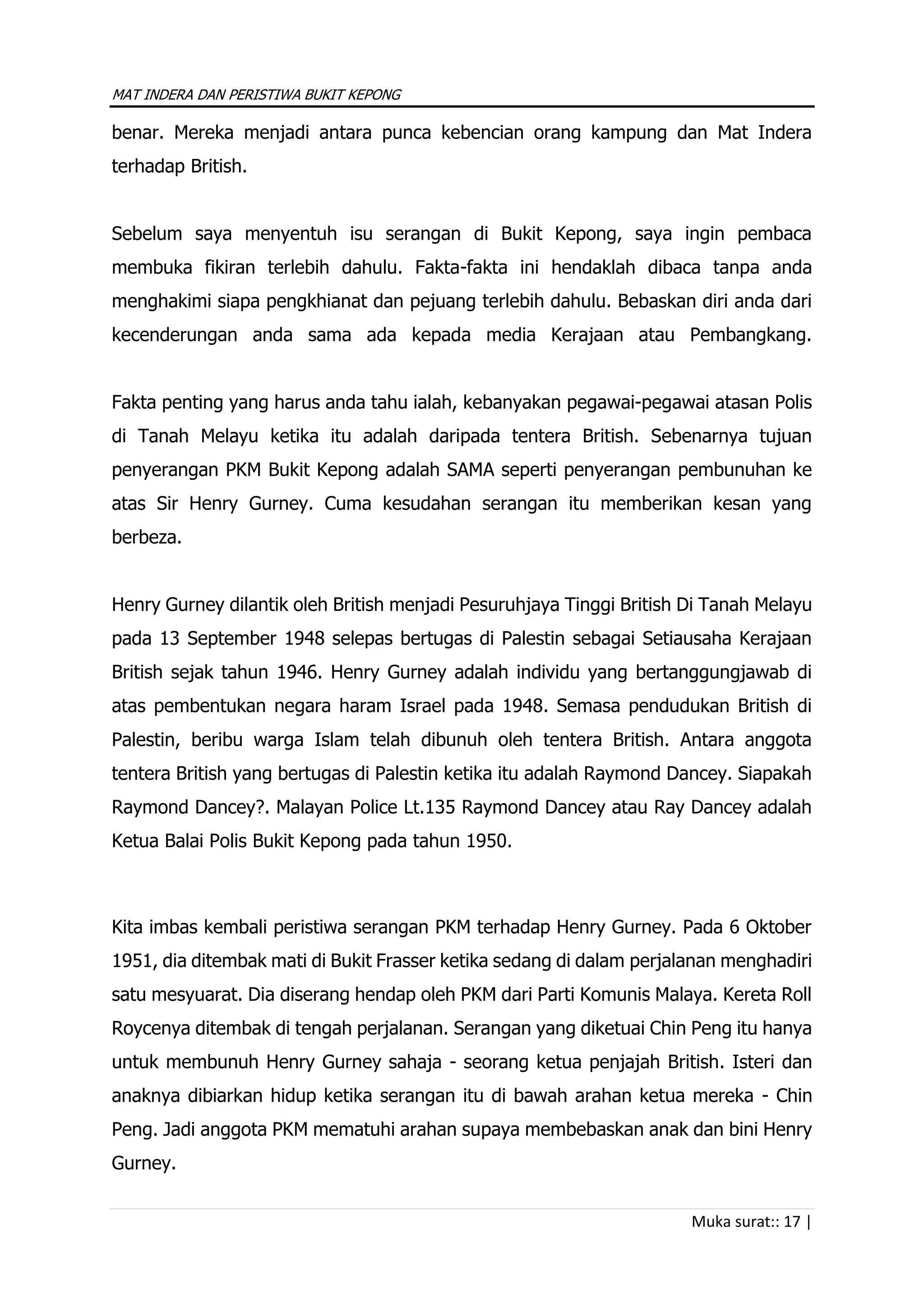 Mat indera dan peristiwa bukit kepong | PDF