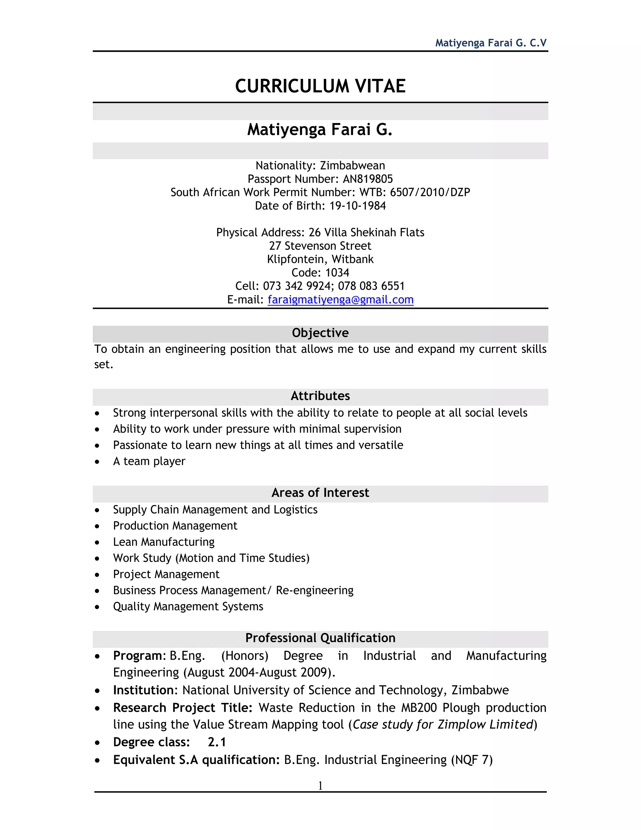 Matiyenga Farai G. C.V | PDF