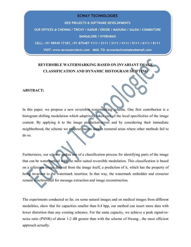 Matlab reversible watermarking based on invariant image classification and dynamic histogram ...