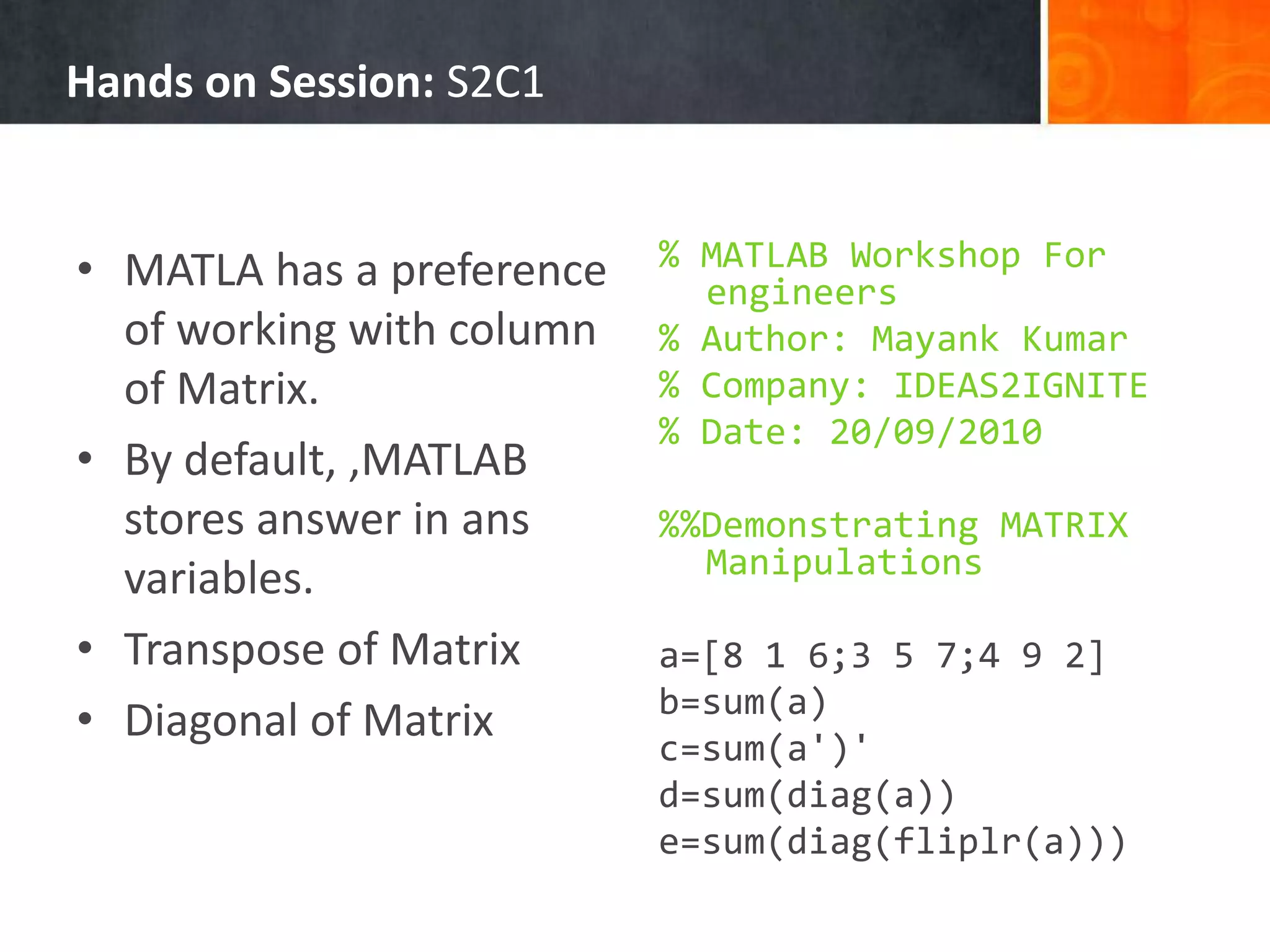 Matlab Introduction | PPTX | Programming Languages | Computing