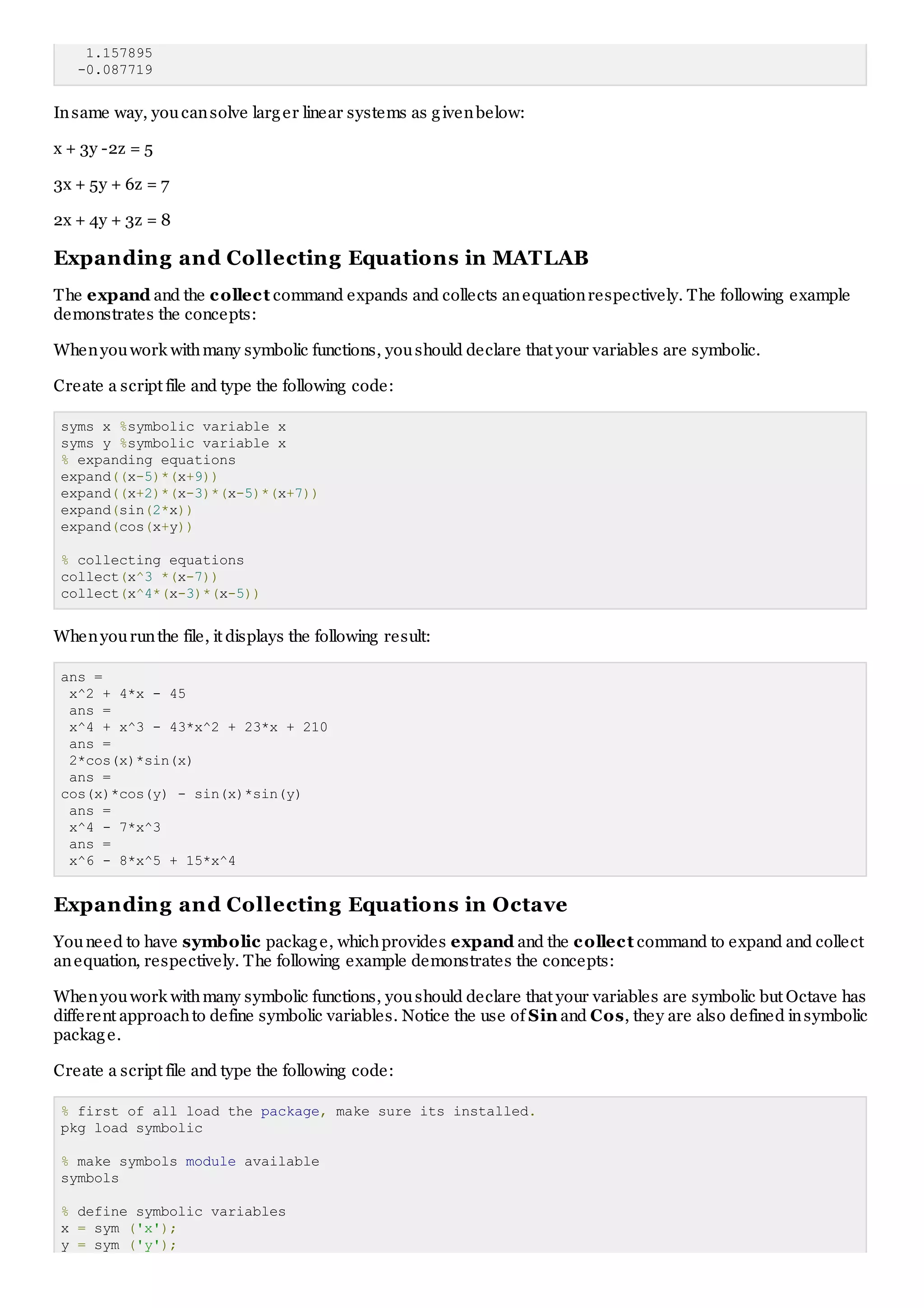 Matlab algebra | PDF | Programming Languages | Computing