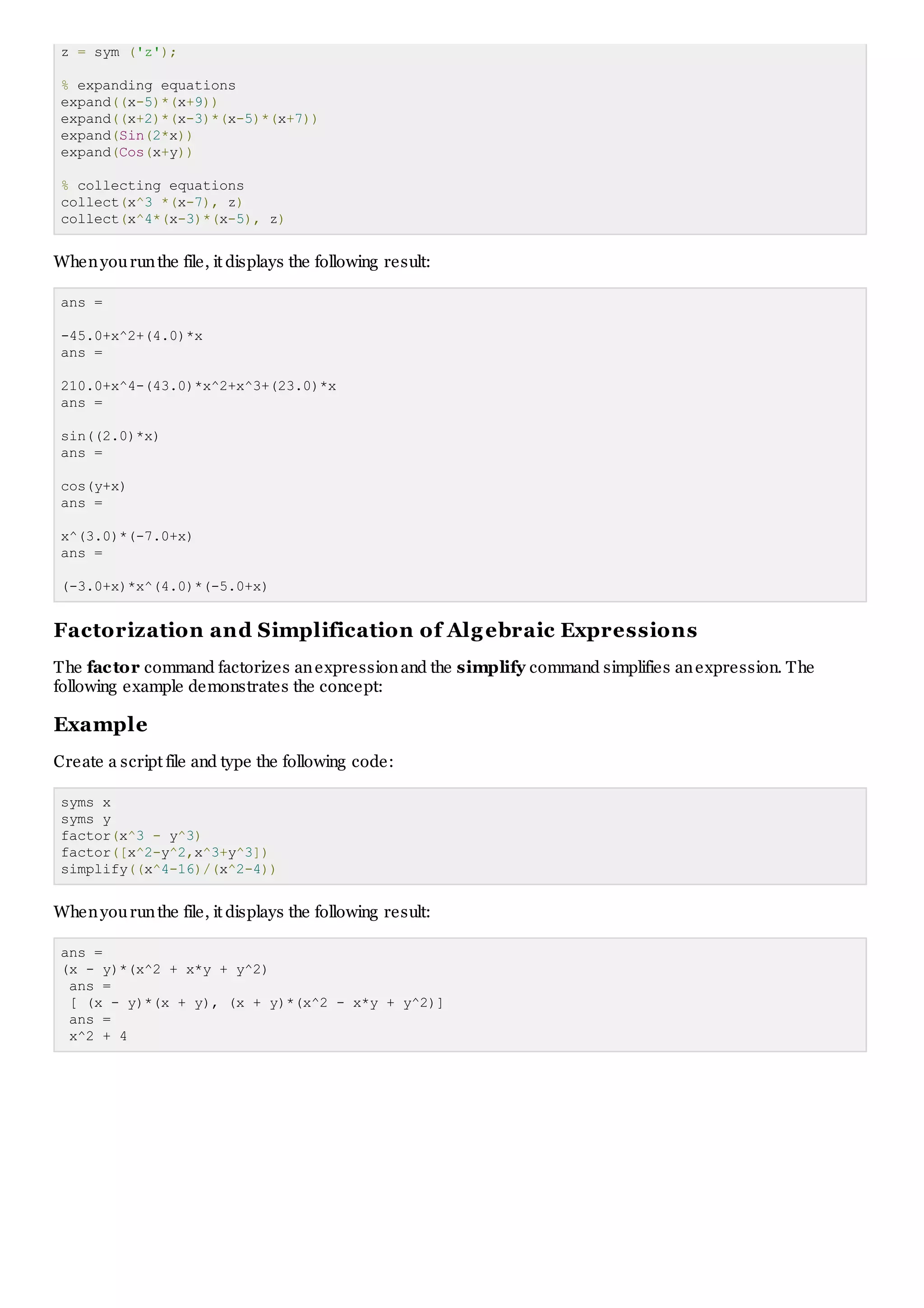 Matlab algebra | PDF | Programming Languages | Computing