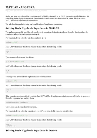 Matlab algebra | PDF | Programming Languages | Computing