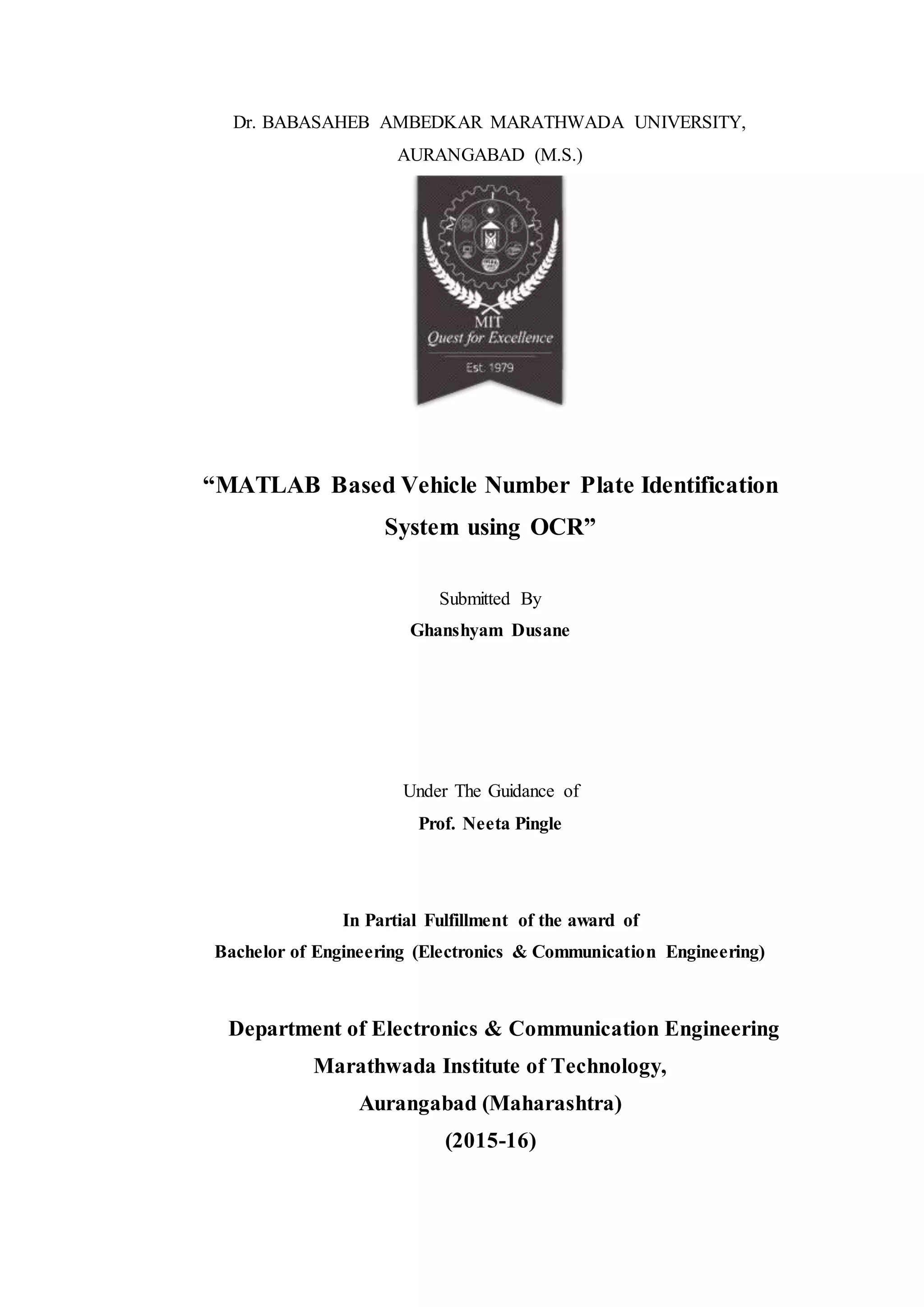 Matlab Based Vehicle Number Plate Identification System Using Ocr Pdf