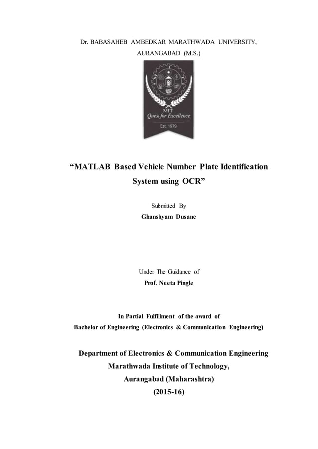 Matlab Based Vehicle Number Plate Identification System Using Ocr Pdf