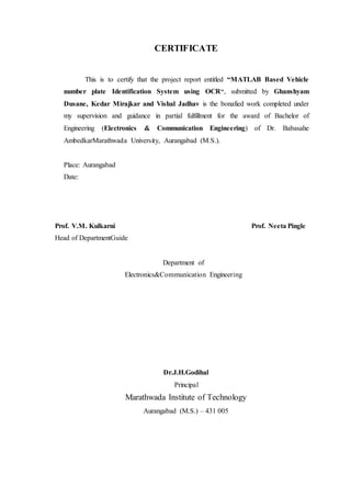 Matlab based vehicle number plate identification system using ocr | DOCX