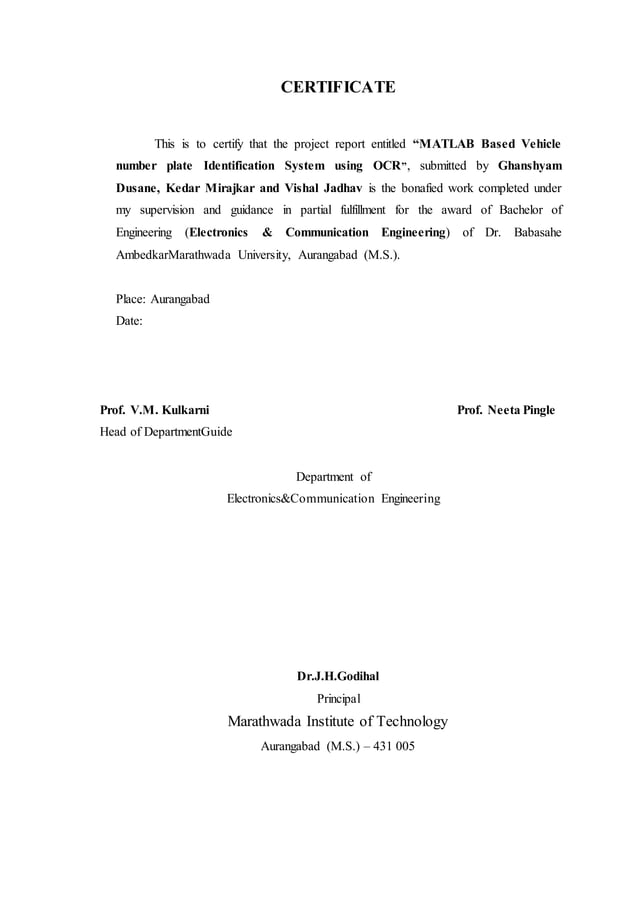 Matlab based vehicle number plate identification system using ocr | DOCX