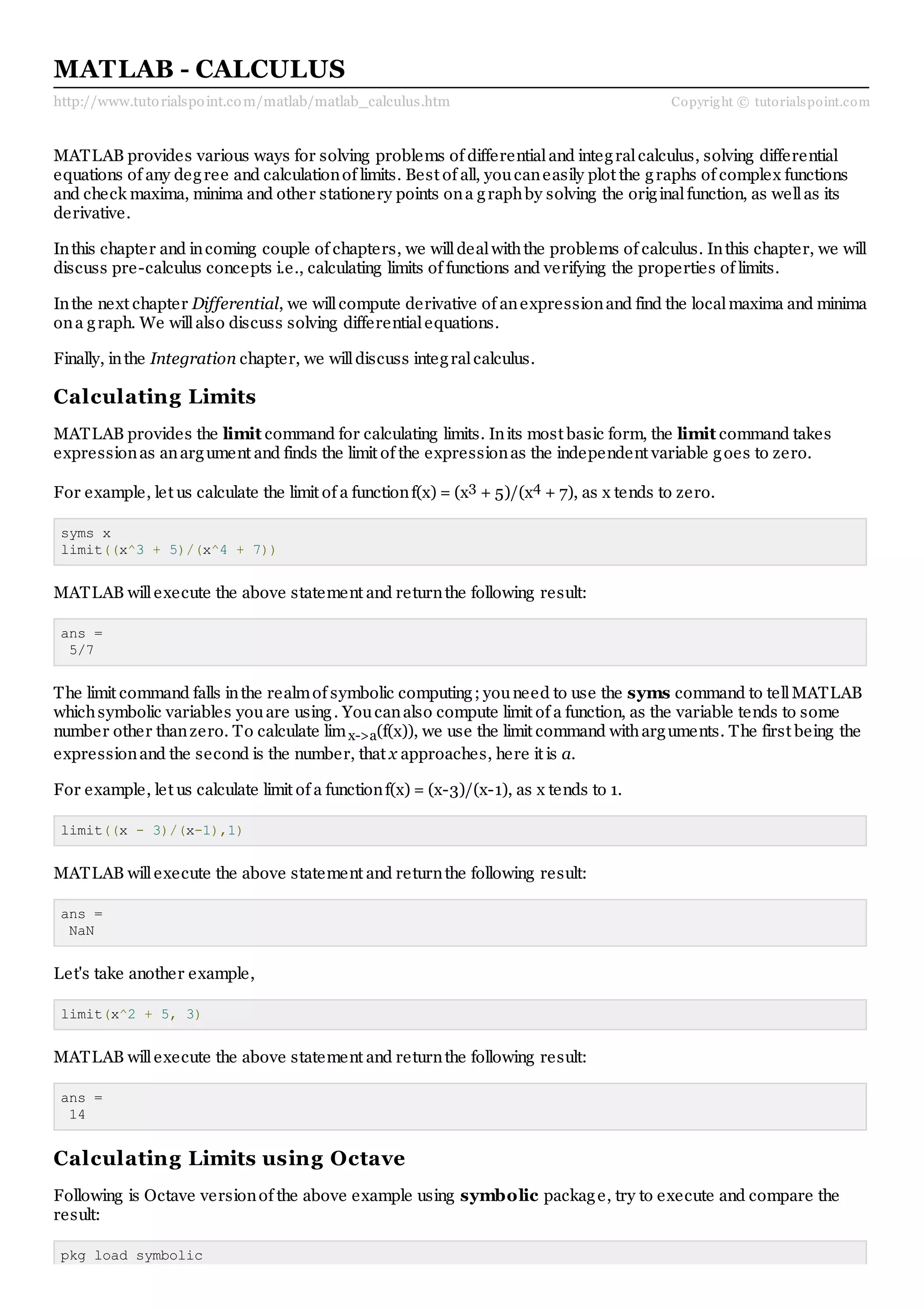 Matlab calculus | PDF