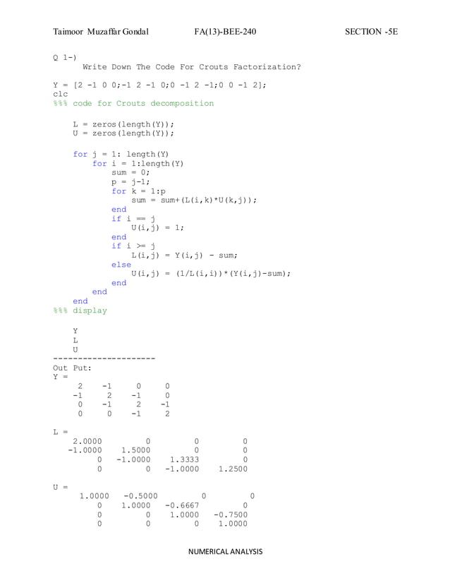 Matlab code for crout method | DOCX | Science