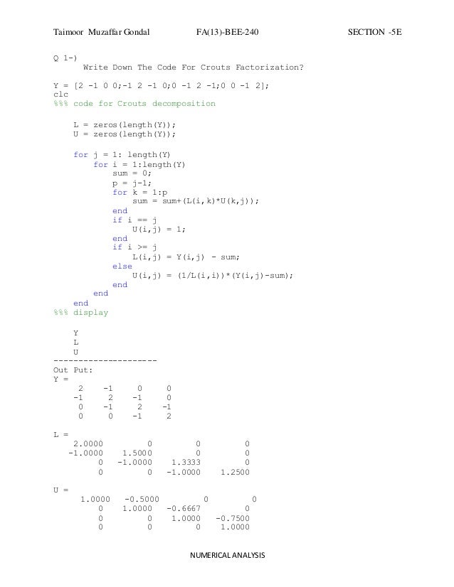 Matlab code for crout method Matlab code for crout method