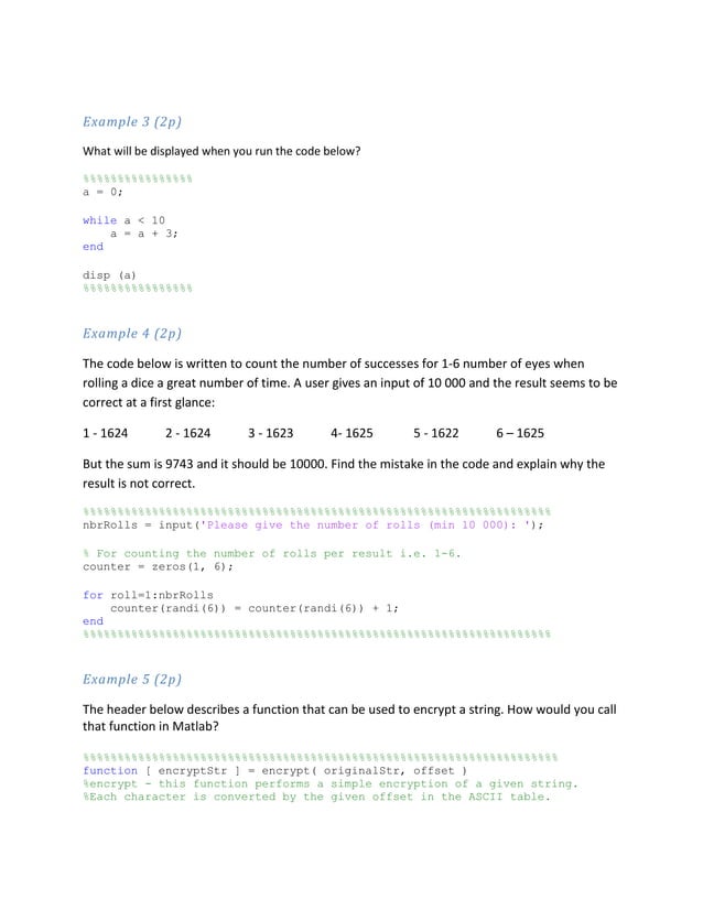 Matlab example questions | PDF