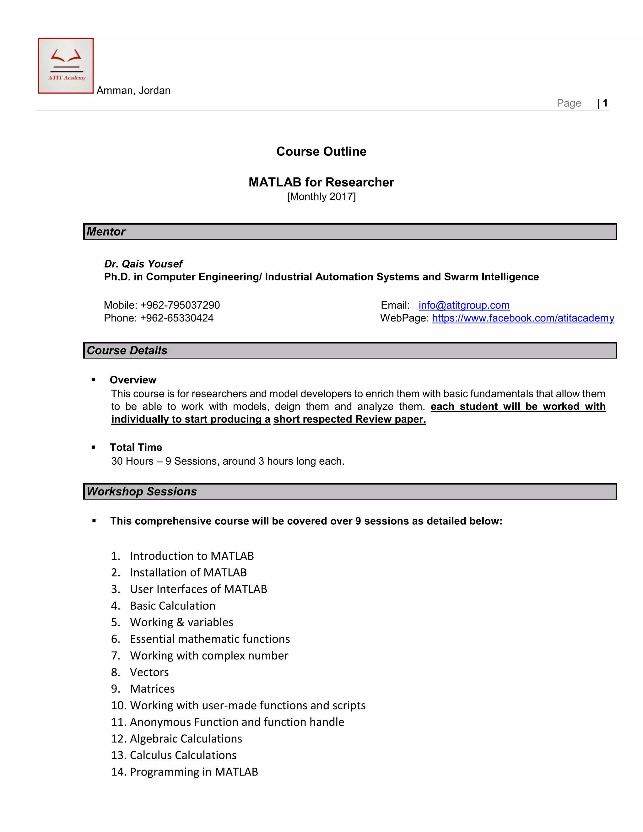 MATLAB for Researcher Course - ATIT Academy | PDF