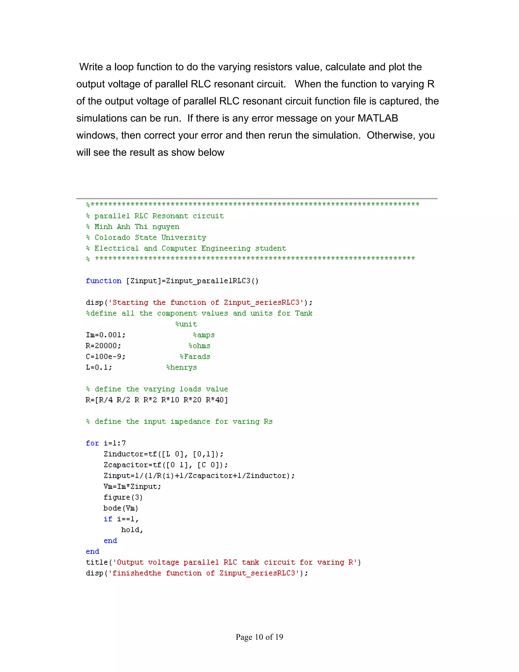 MATLAB SIMULATIONS OF PARALLEL RESONANT CIRCUIT | DOC