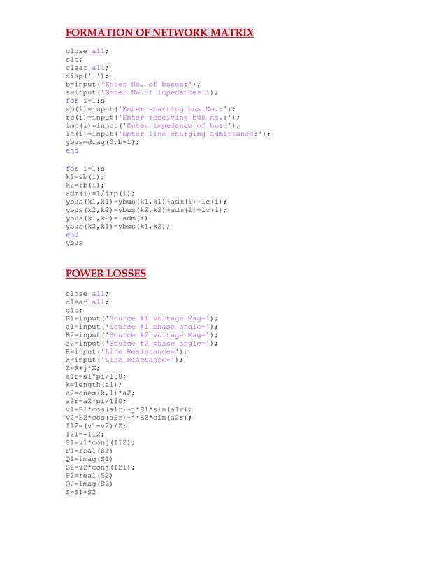 MATLAB programs Power System Simulation lab (Electrical Engineer) | PDF