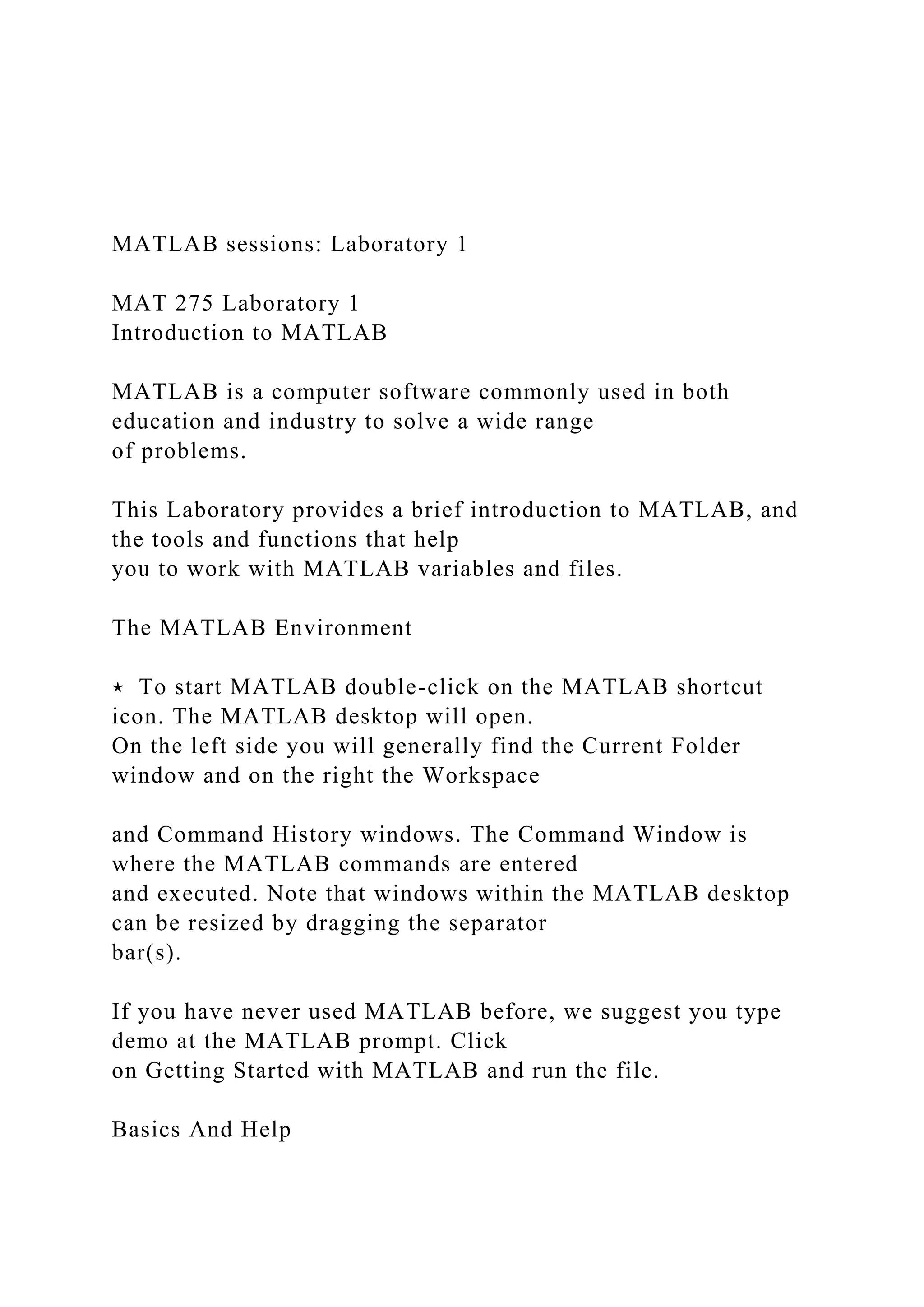 MATLAB sessions Laboratory 1MAT 275 Laboratory 1Introdu.docx | Programming Languages | Computing
