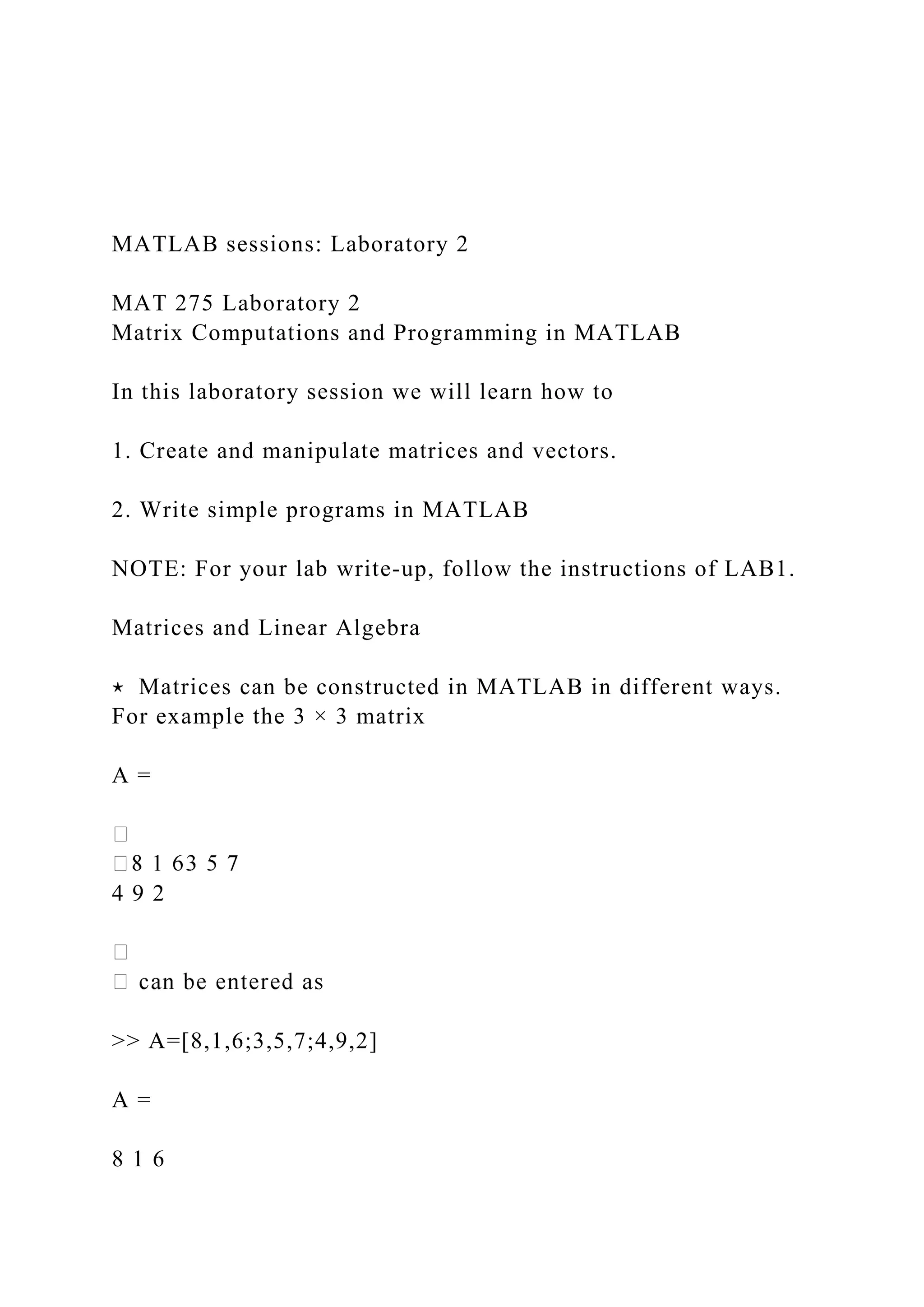 MATLAB sessions Laboratory 2MAT 275 Laboratory 2Matrix .docx