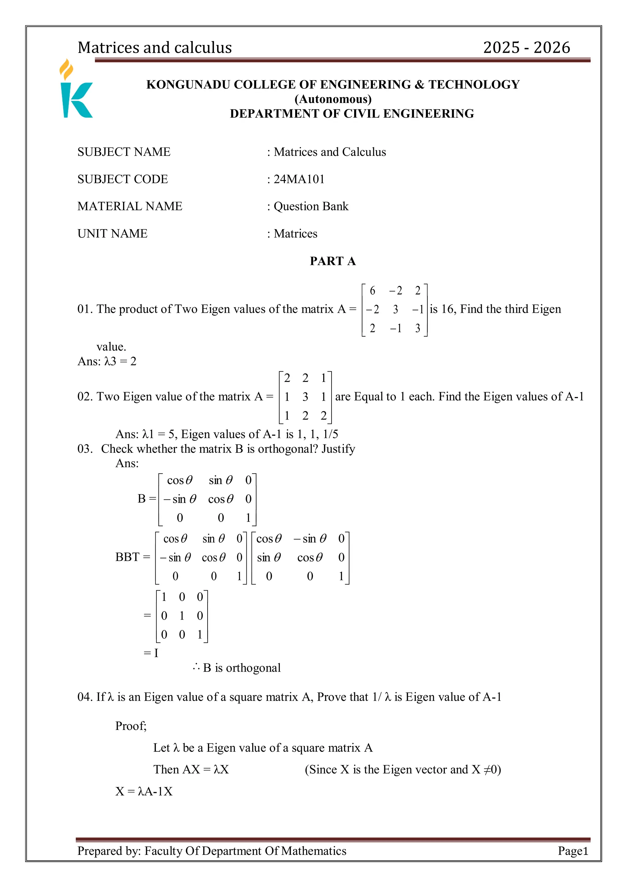 24MA101-MATRICES AND CALCULUS- SEMESTER I | PDF