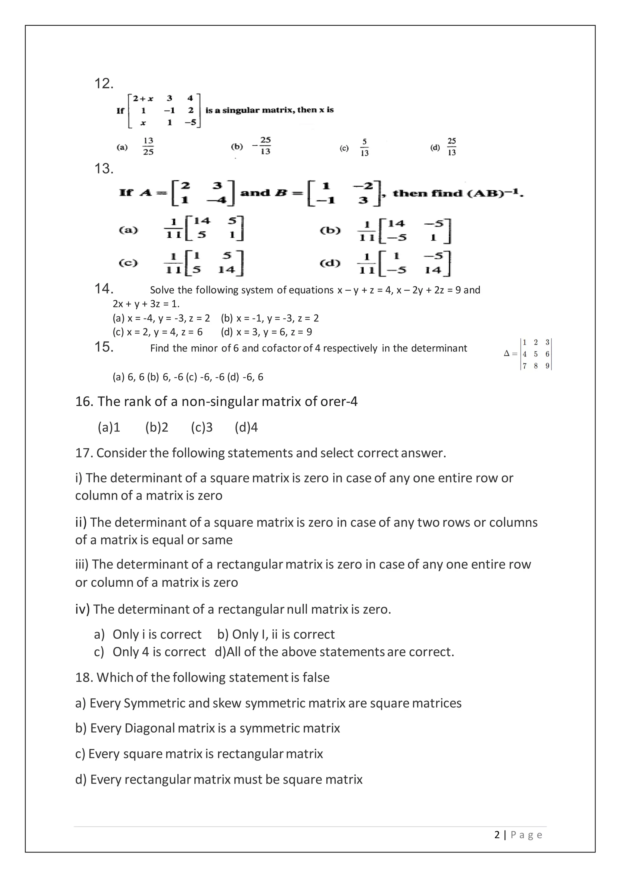 Mcqs -Matrices and determinants | PDF