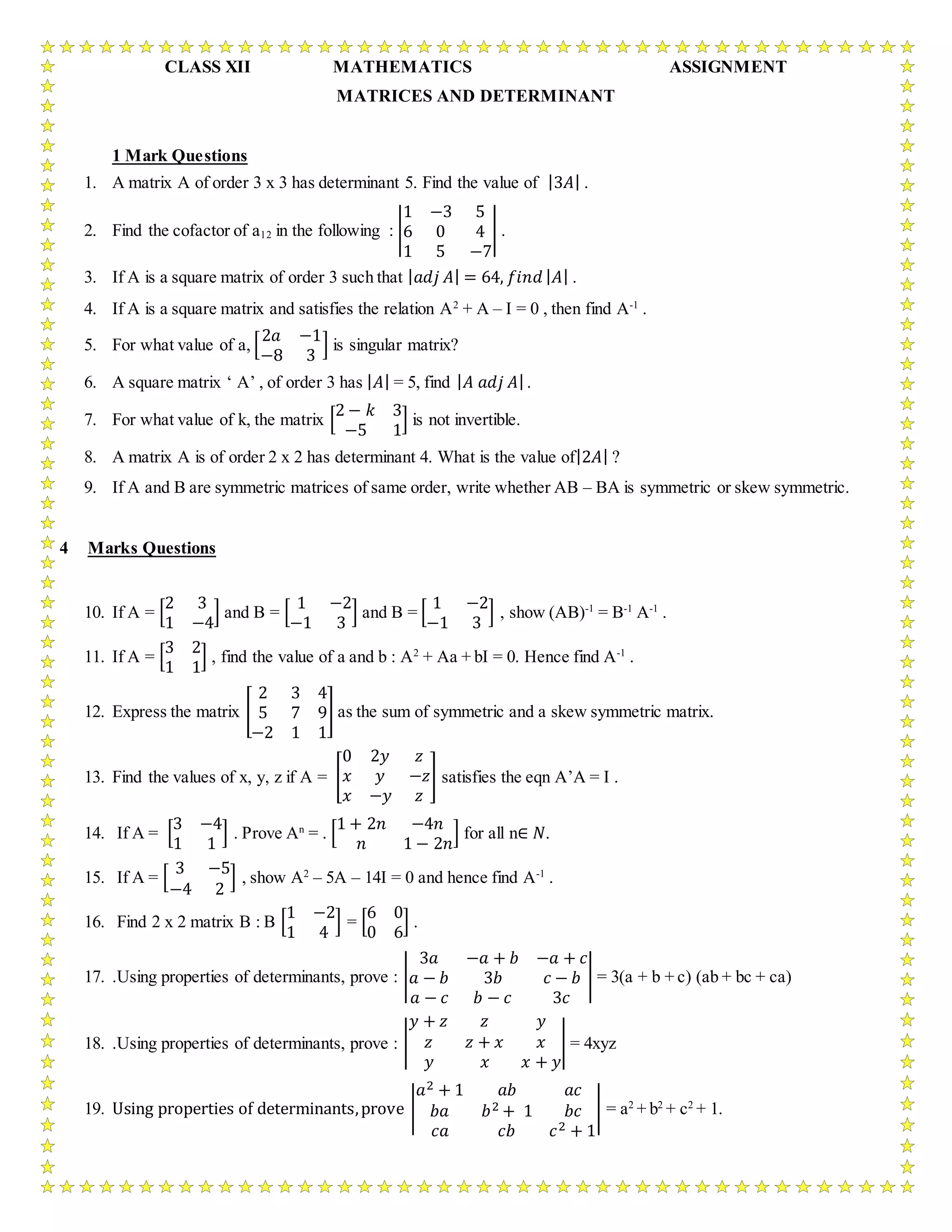 Matrices and determinants assignment | DOCX