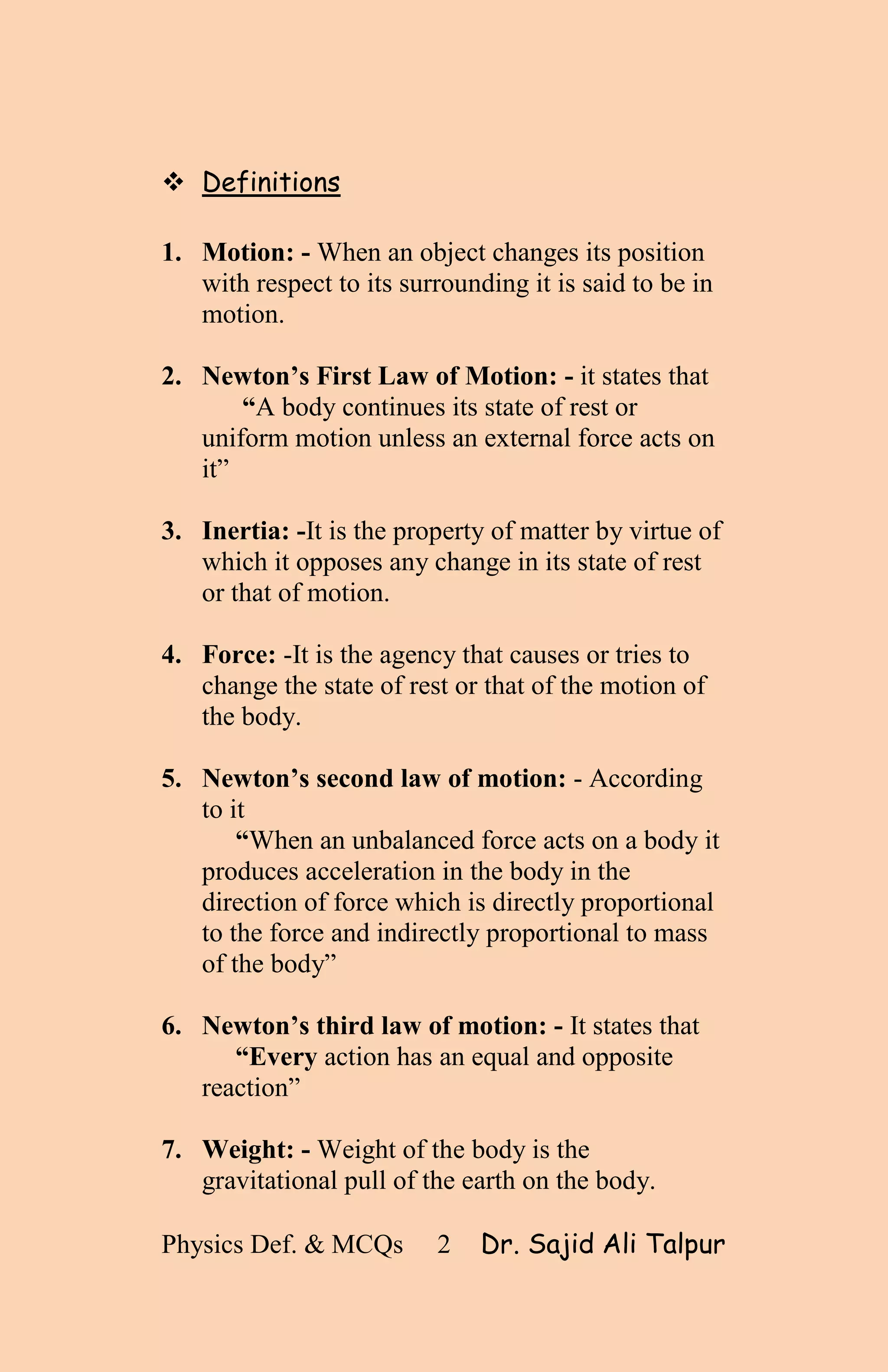 Definitions and mcqs of matric physics (force and motion) | PDF