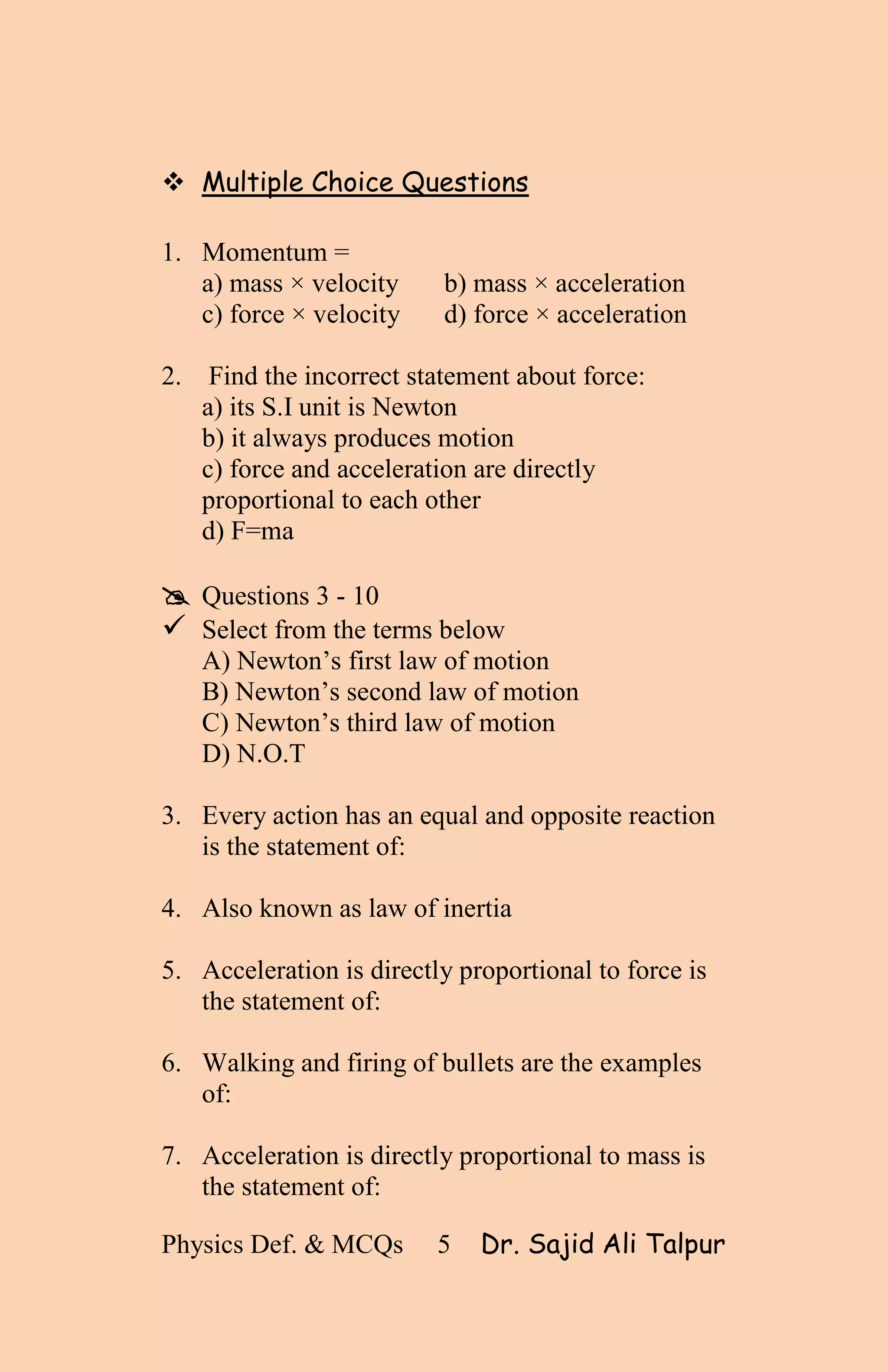 Definitions and mcqs of matric physics (force and motion) | PDF