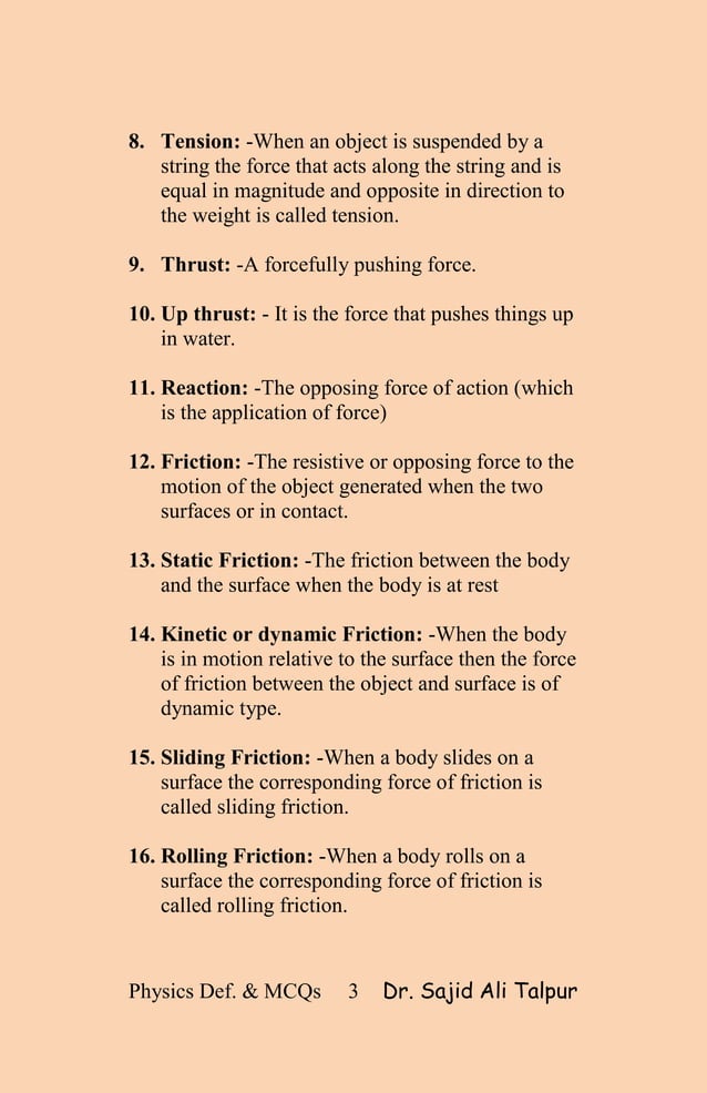 Definitions and mcqs of matric physics (force and motion) | PDF