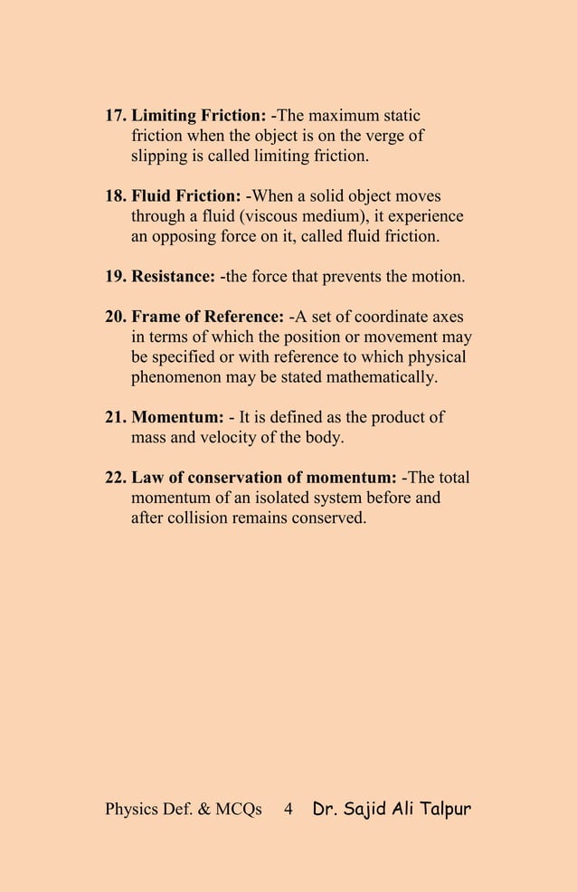 Definitions and mcqs of matric physics (force and motion) | PDF