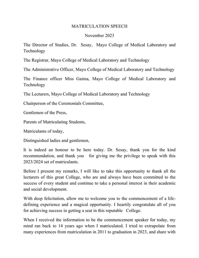 MATRICULATION SPEECH.pdf | College Planning | College Education