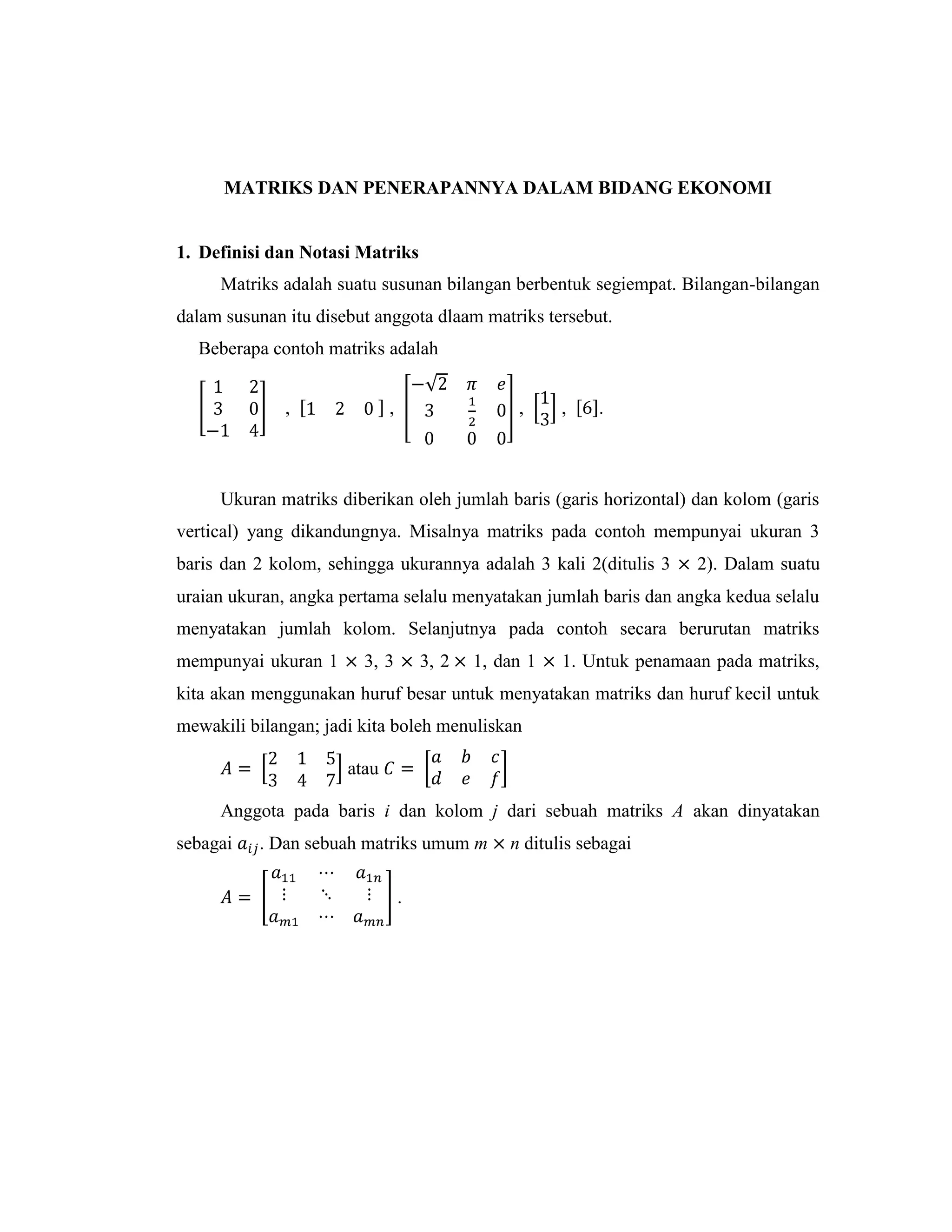 Matriks dan penerapannya dalam bidang ekonomi | DOCX