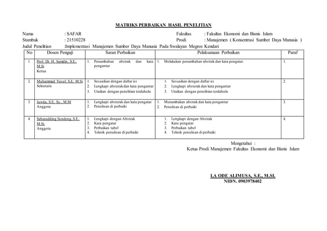 Matriks perbaikan proposal penelitian | DOCX