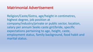 Matrimonial advertisement | PPTX | Marriage and Civil Unions | Family ...