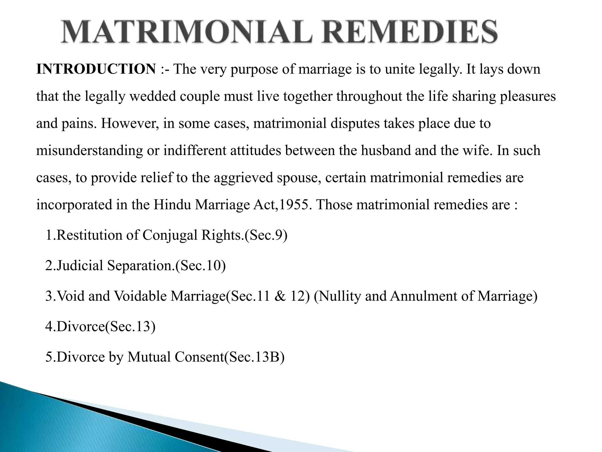Matrimonial Remedies Under Hindu Marriage Act,1955 | PPTX