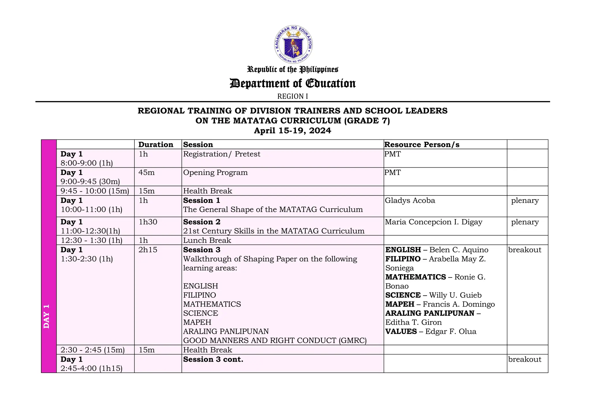 Matatag Curriculum Training Matrix-G7.pdf Matatag Curriculum Training Matrix-G7.pdf