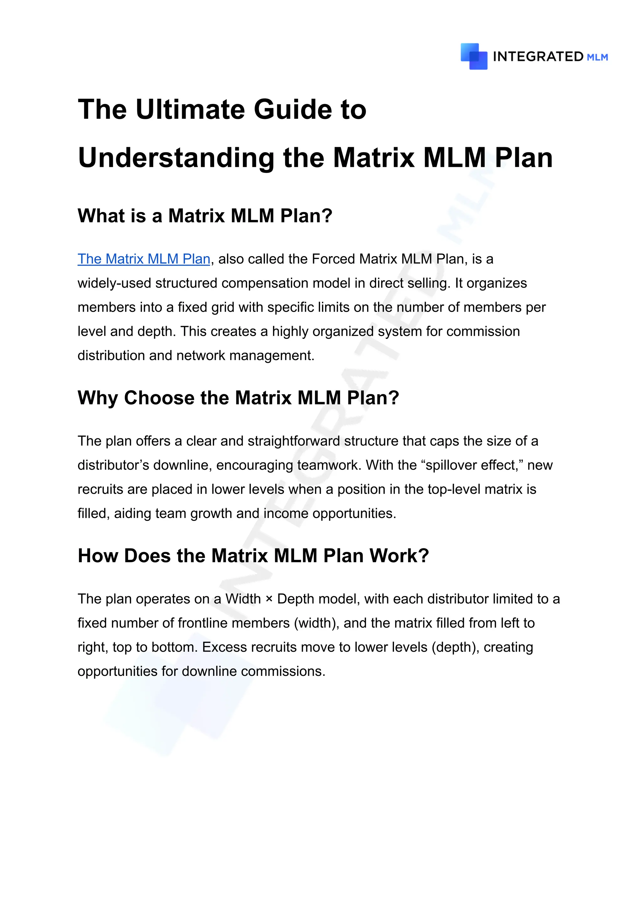 Matrix MLM Compensation Plan Guide: Unlocking the global benefits of the Matrix MLM | PDF