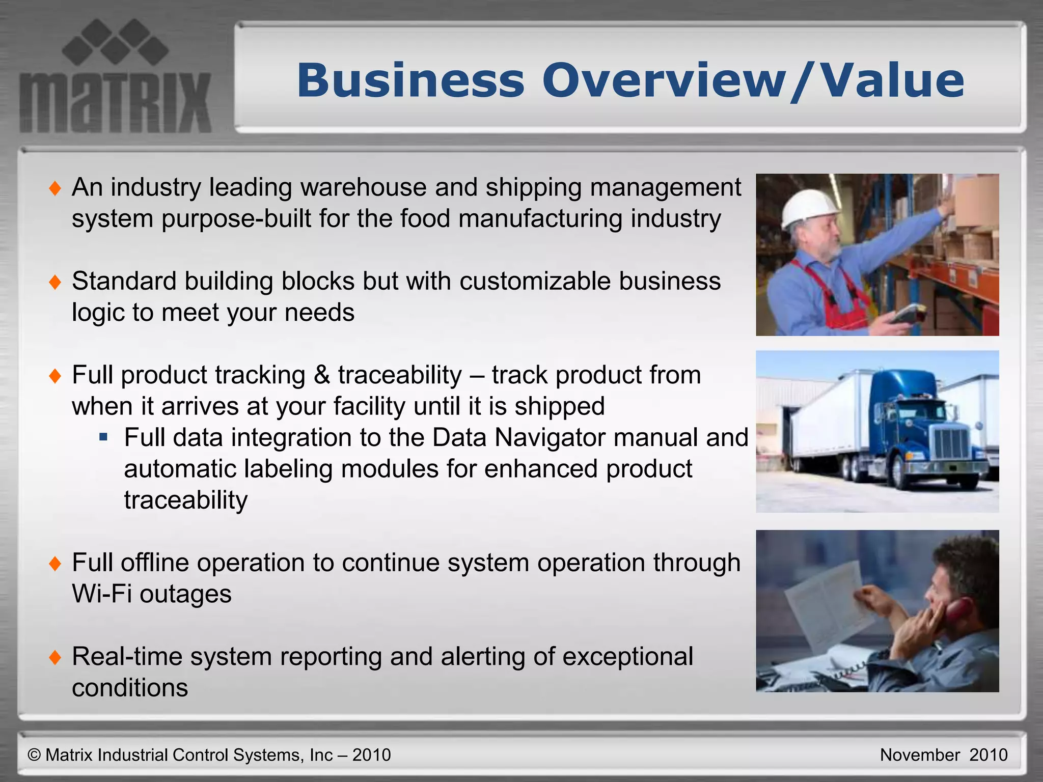 Matrix warehouse & shipping management system presentation | PPT