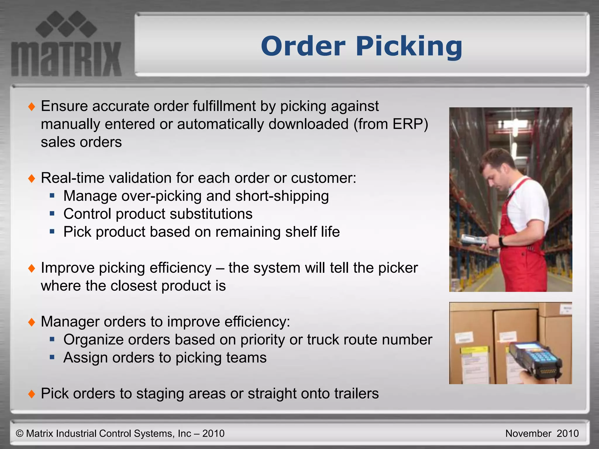 Matrix warehouse & shipping management system presentation | PPT