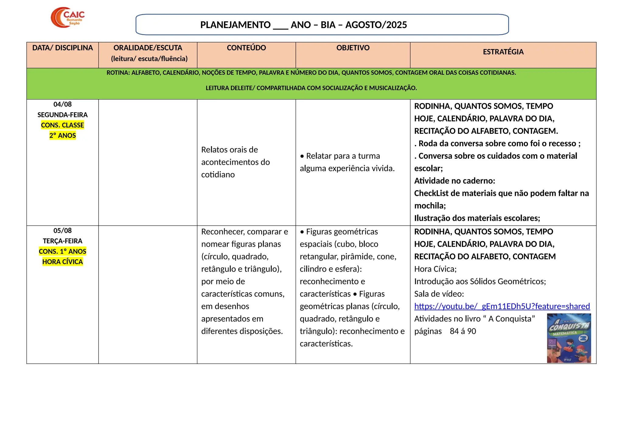 Matriz planejamento agosto ensino fundamental | DOCX