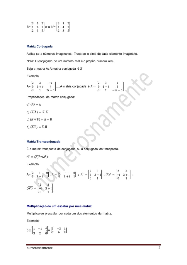Matriz transposta, Matriz Simétrica, Matriz Conjugada | PDF