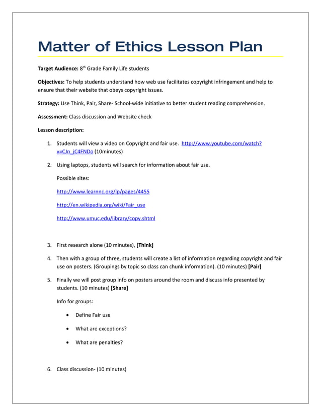 Matter of ethics lesson plan | DOC