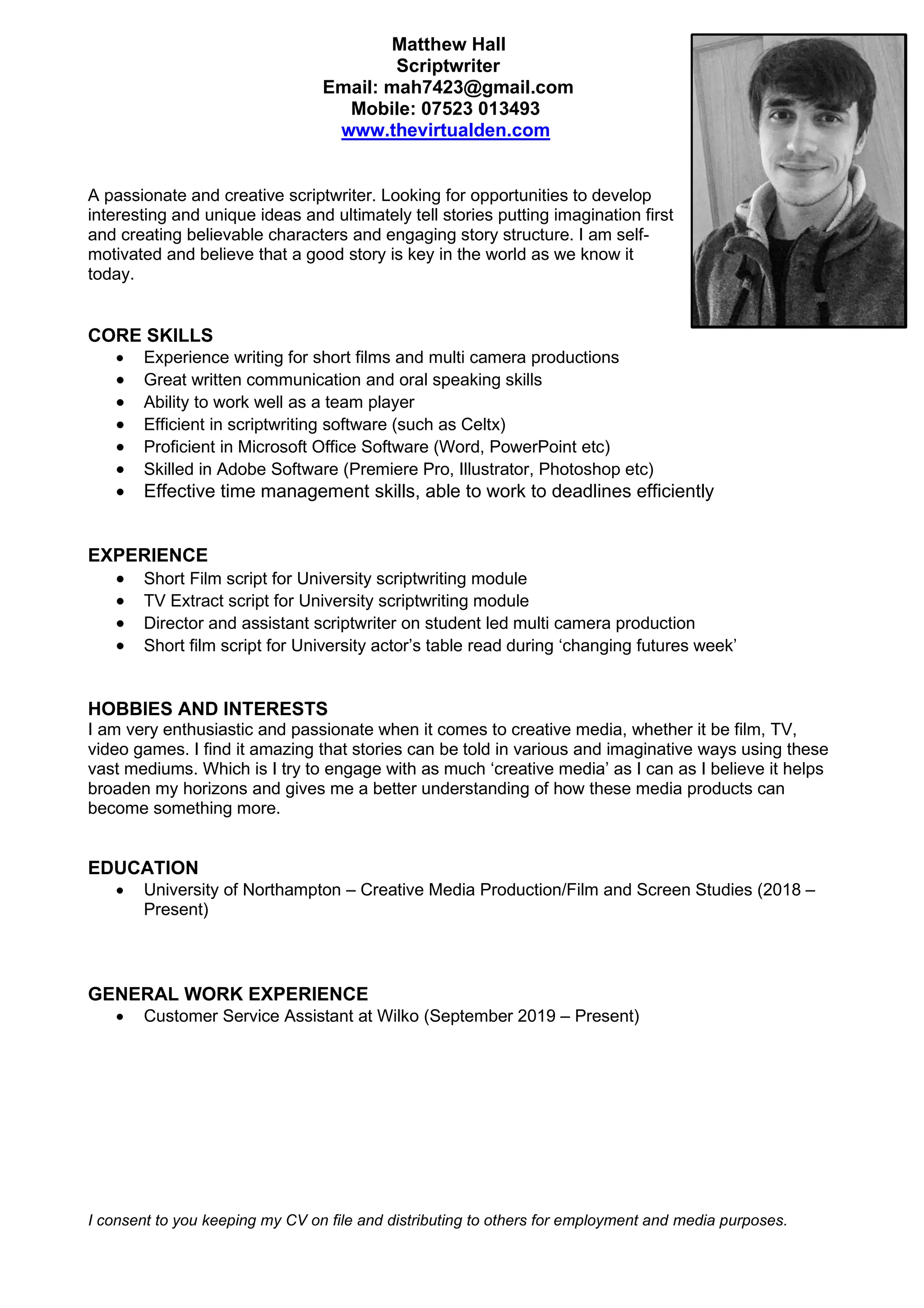 Matt Hall scriptwriter CV | PDF | Screenwriting | Content Production