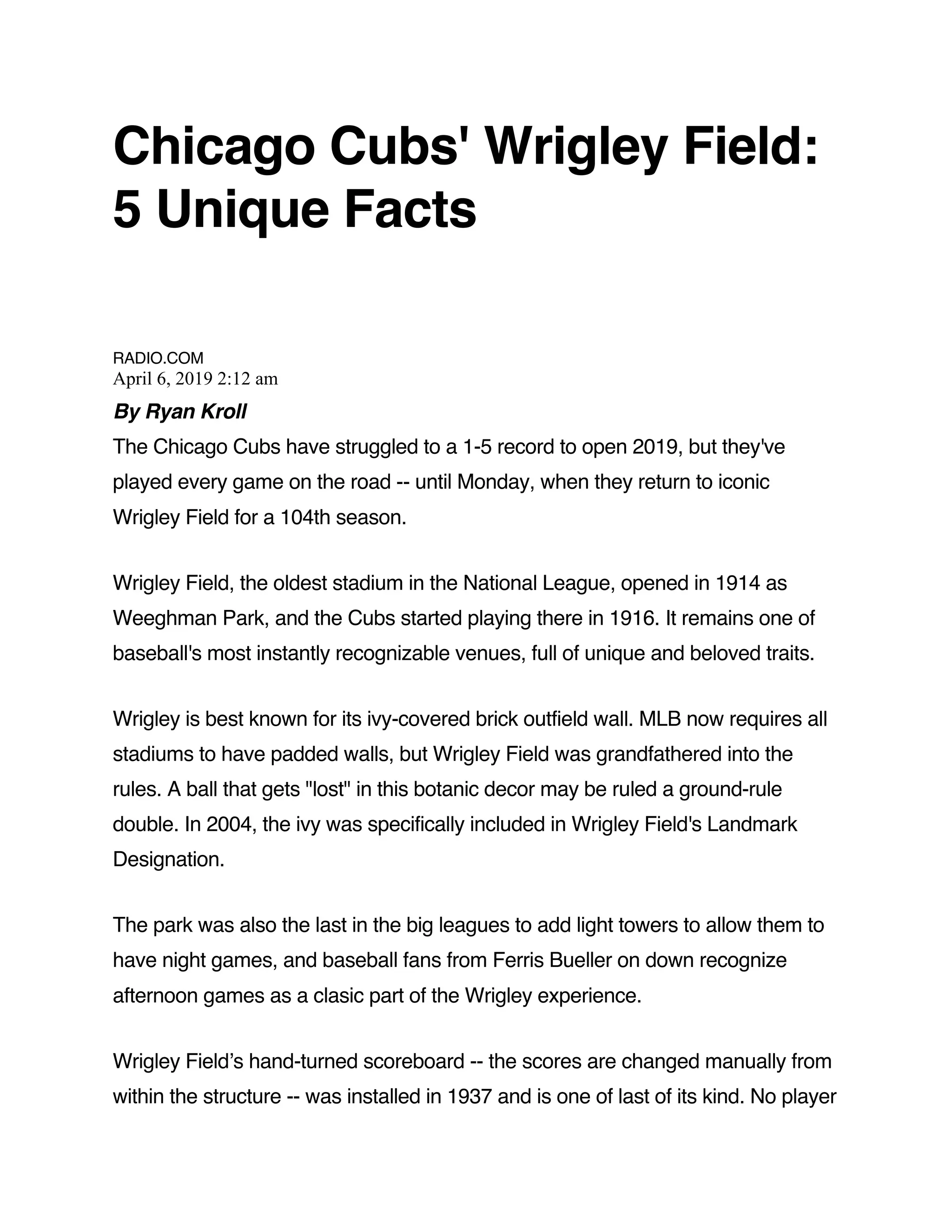 Chicago Cubs' Wrigley Field: 5 Unique Facts | PDF