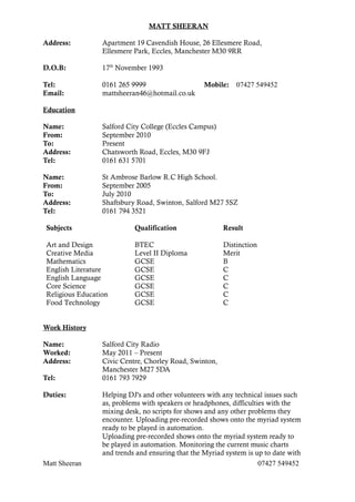 Matt sheeran cv | ODT