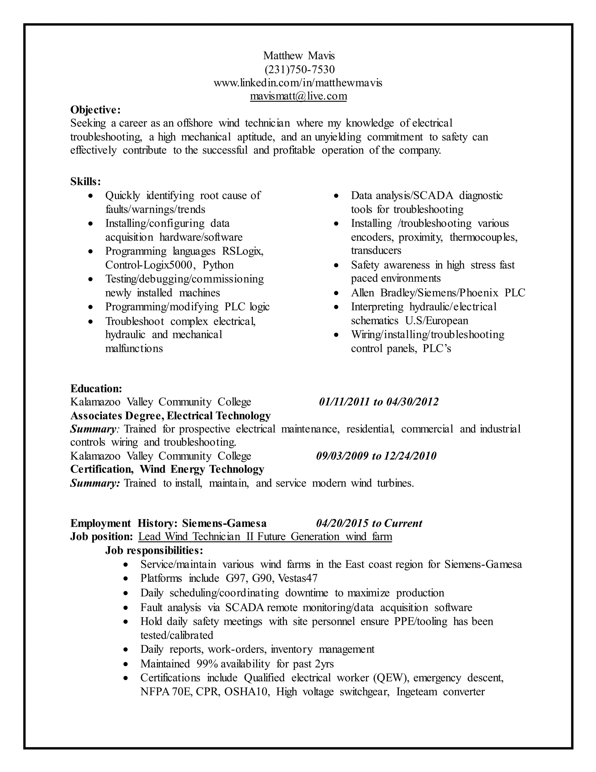 Matt's offshore wind technician resume | DOCX